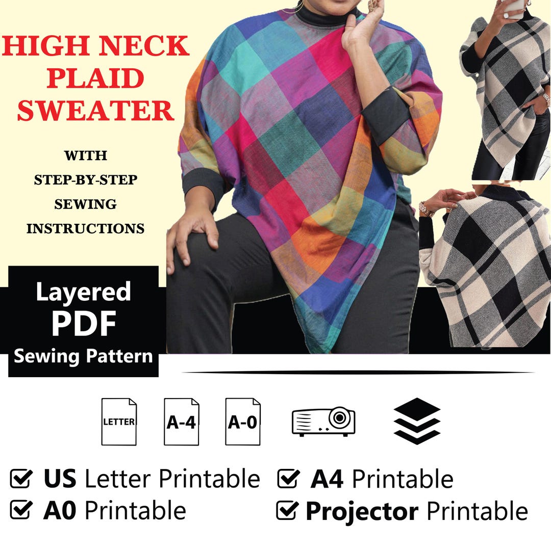 High Neck Plaid Poncho Top PDF Sewing Pattern | Women's Design Mold ...