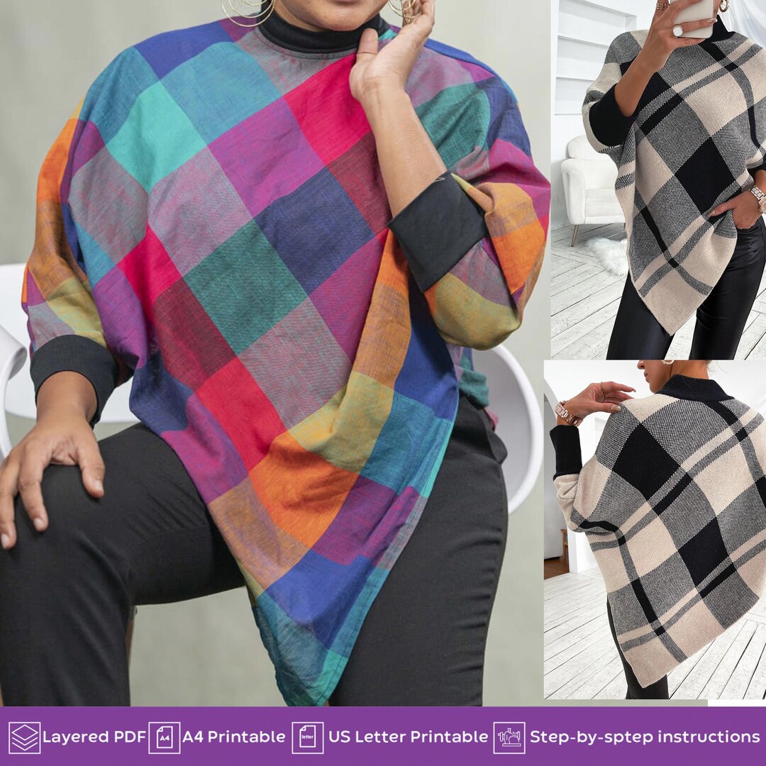 High Neck Plaid Poncho Top PDF Sewing Pattern Easy Sewing Tutorial DIY ...