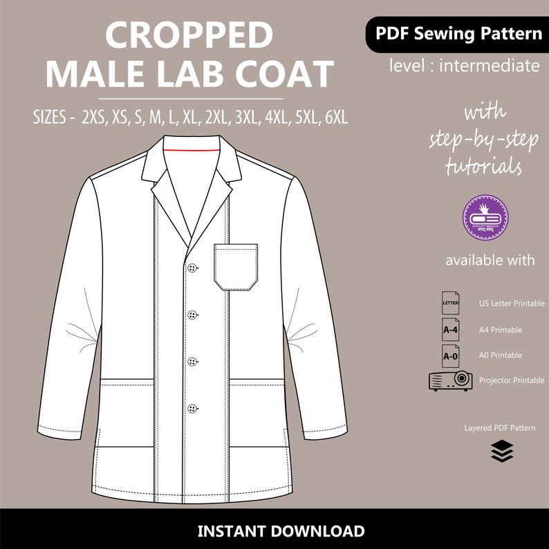 Cropped Men’s Lab Coat Sewing Pattern PDF | Medical & Hospital Uniform ...