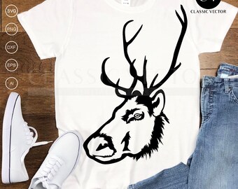 Cute Reindeer Outline SVG, Christmas Deer Line Art SVG, Reindeer Head ...