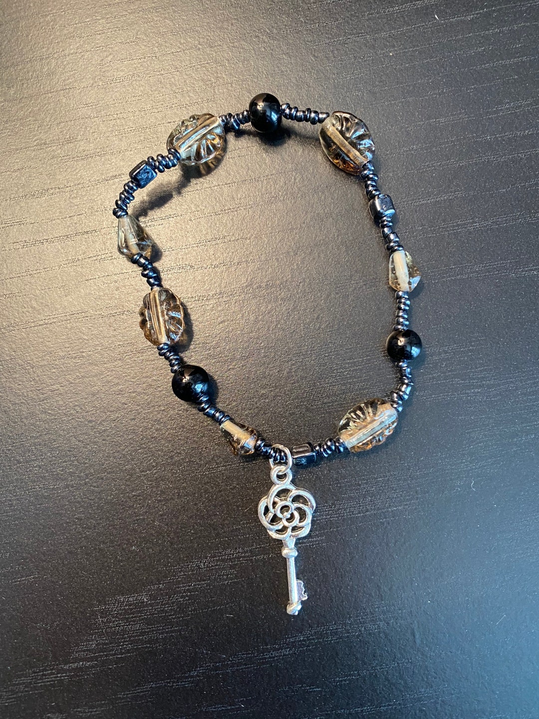 Black Beaded Stretch Key Charm Bracelet, handmade bracelet, black ...