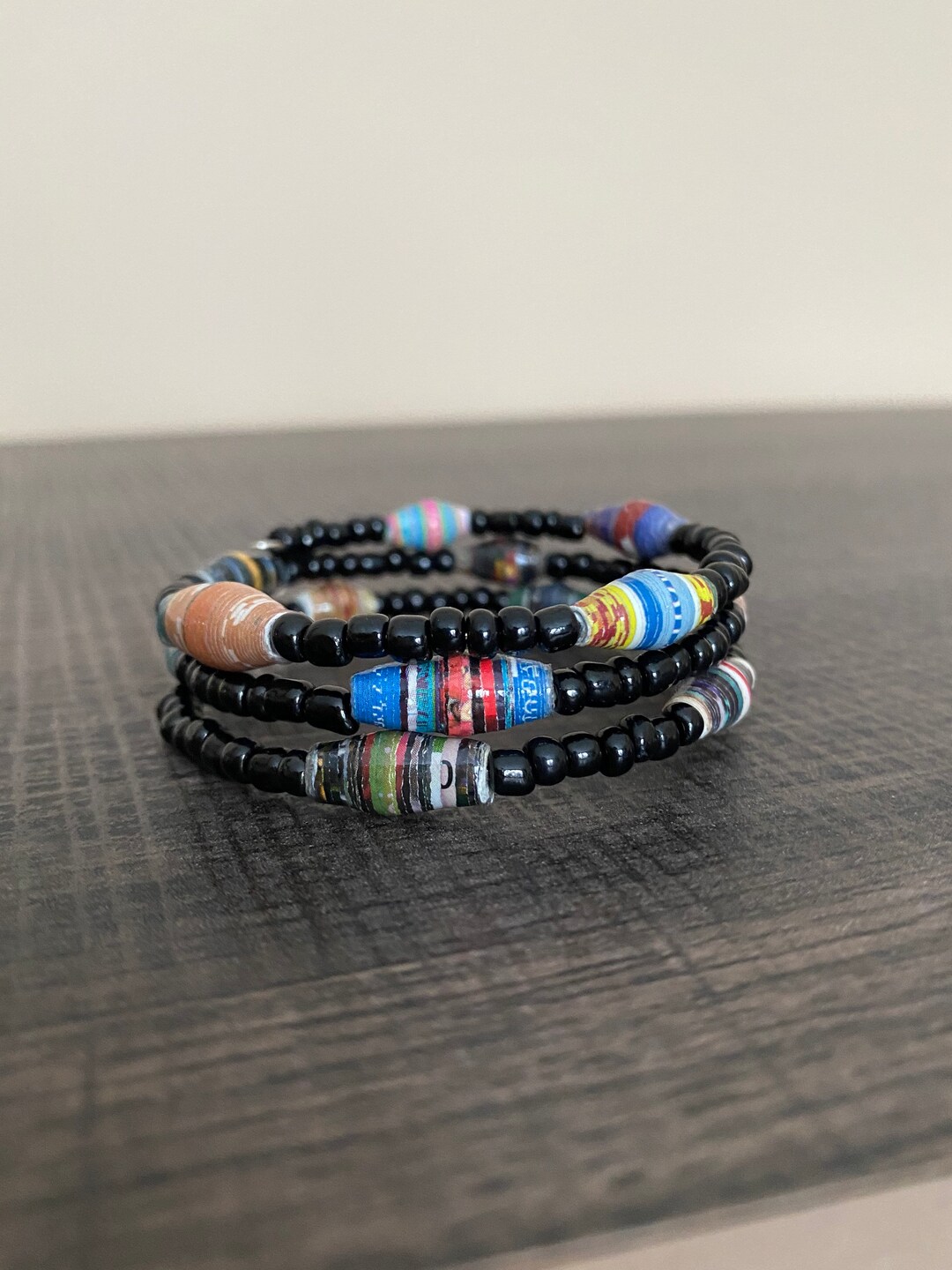 Paper Bead Memory Wire Bracelet, Upcycled Bracelet, Handmade Bracelet ...