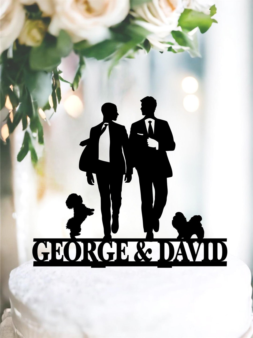 Gay Cake Topper, Gay Wedding Cake Topper + Dogs, Two Grooms Topper With ...