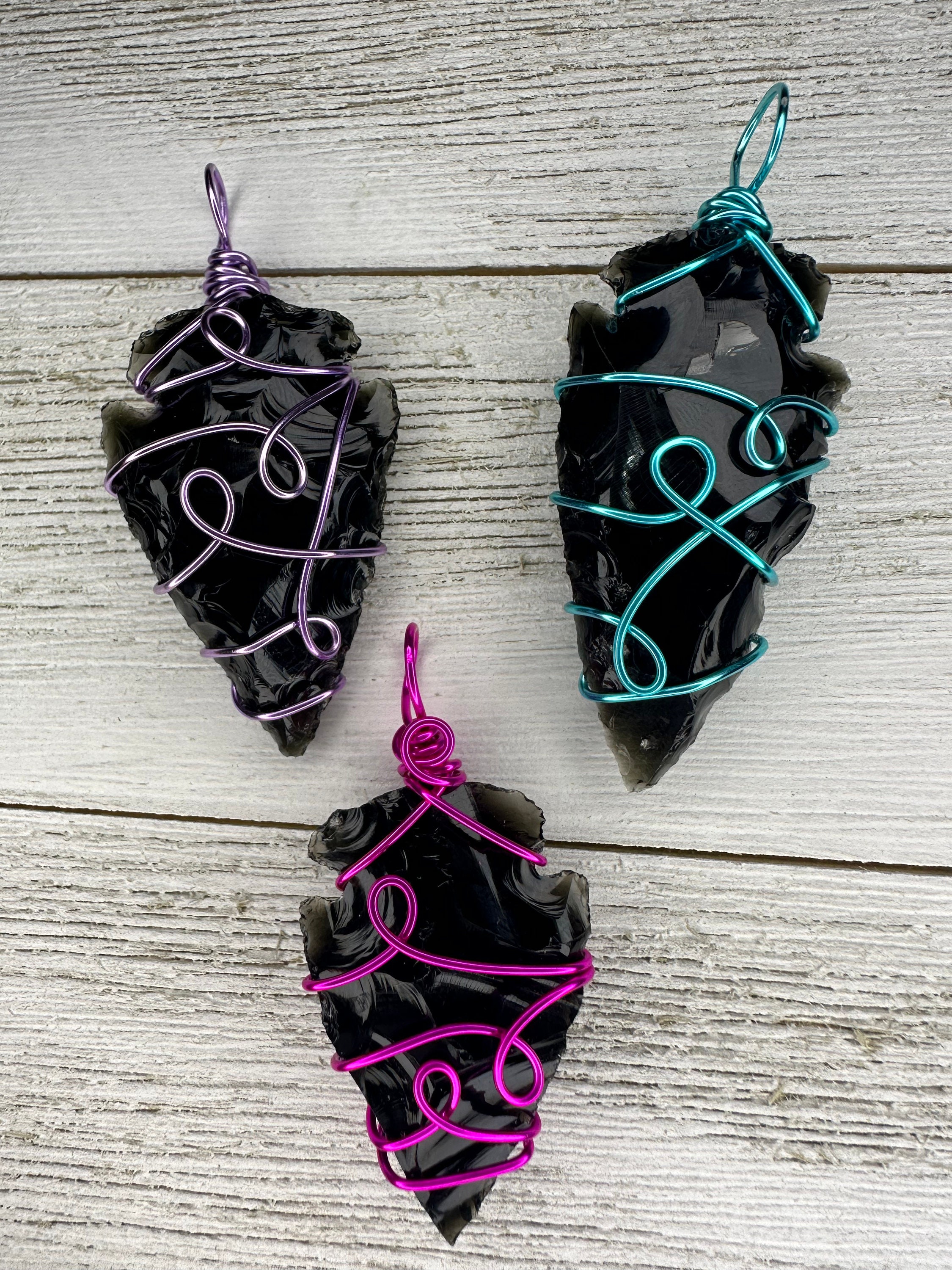 Black Obsidian, Pink, Blue, or Lavender Wire Wrap, Arrowhead Crystal ...
