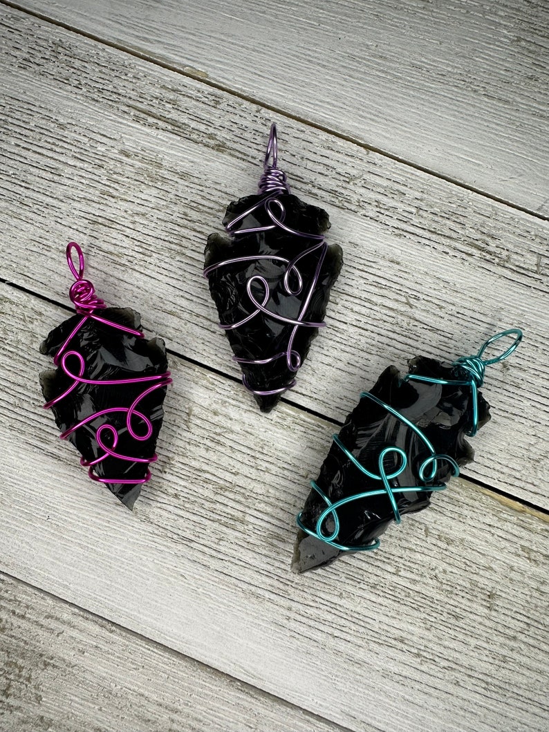 Black Obsidian, Pink, Blue, or Lavender Wire Wrap, Arrowhead Crystal ...