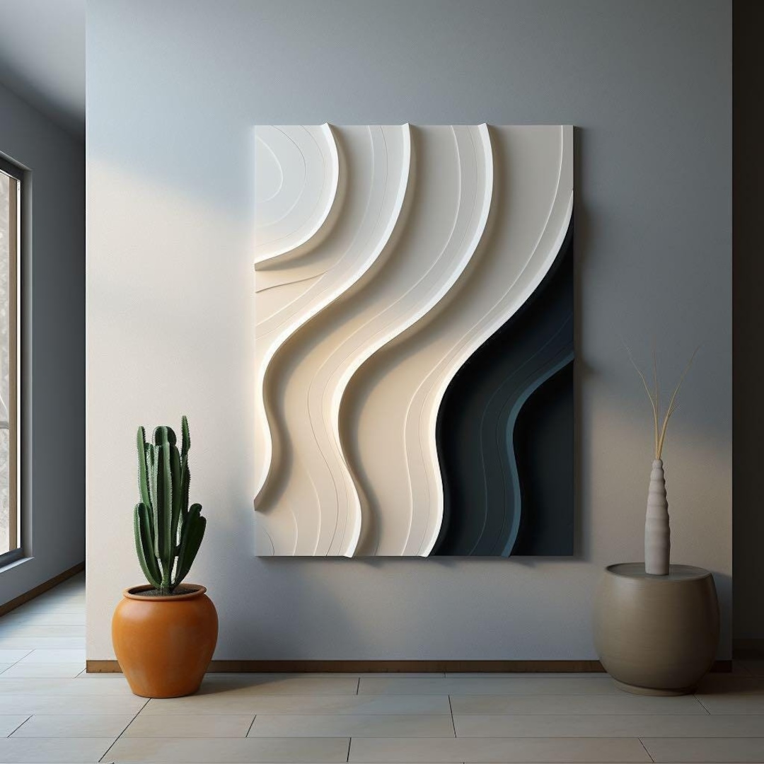 Large Linear Texture White and Black Wall Art- Minimalist Textured Wall ...