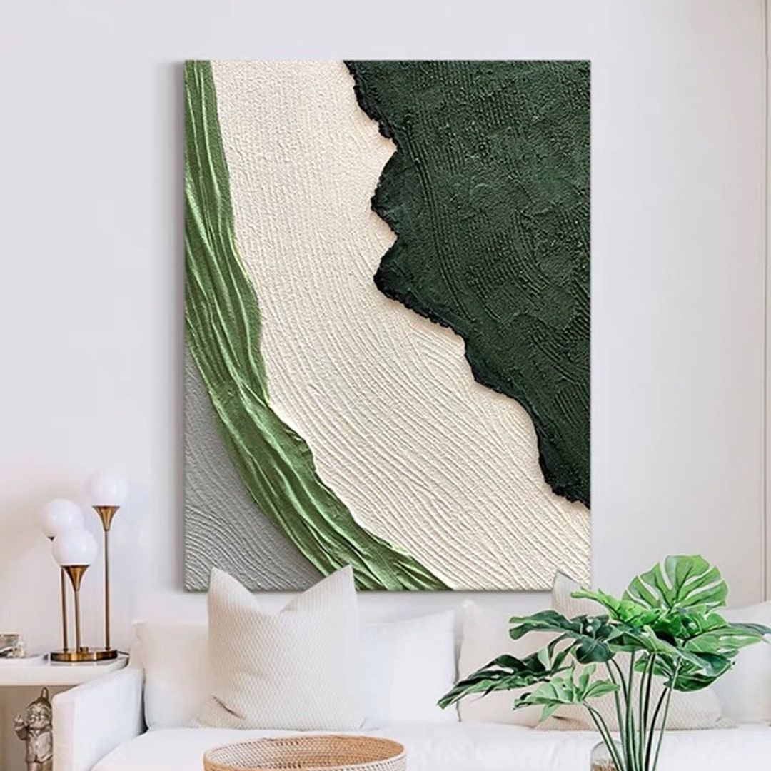 3D Green Texture Painting, Large Nordic Green White Abstract Wall Art ...