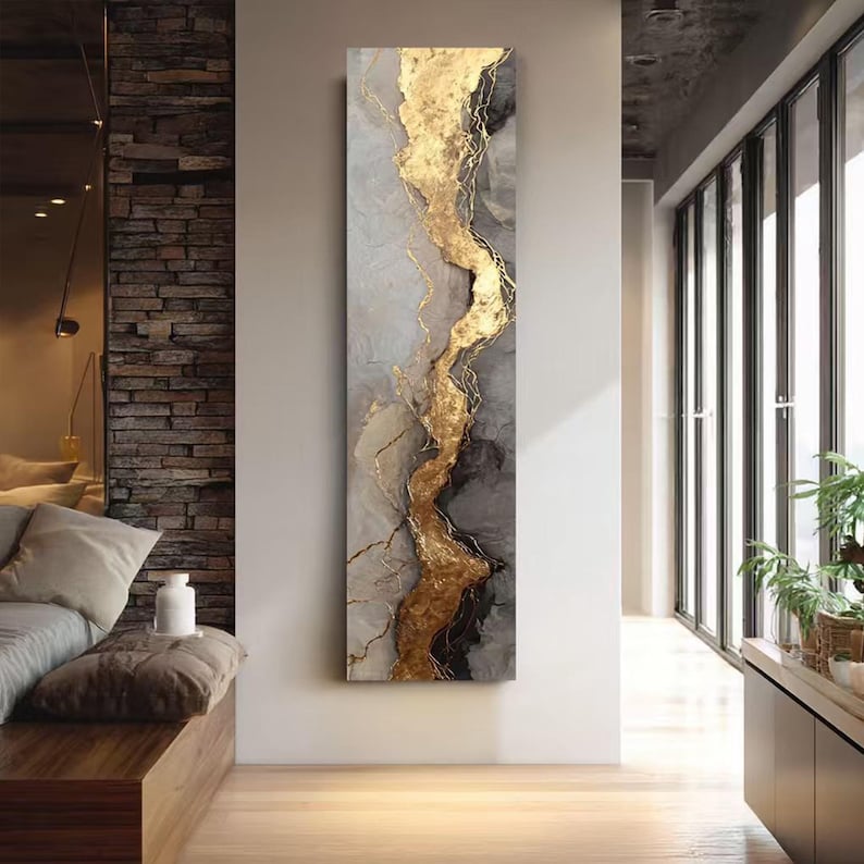 Long Narrow Vertical Painting: Gold & Gray Abstract Canvas Wall Art - Etsy