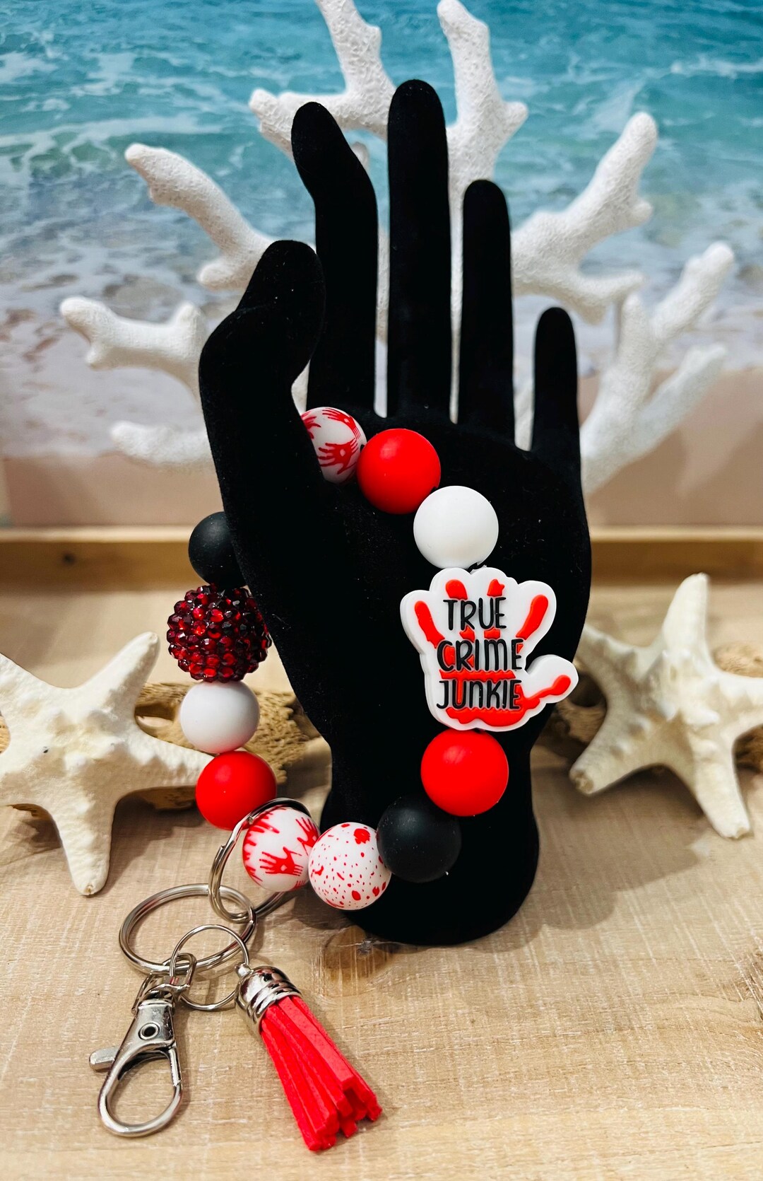 True Crime Junkie, Beaded Show Themed Wristlet Keychain - Etsy