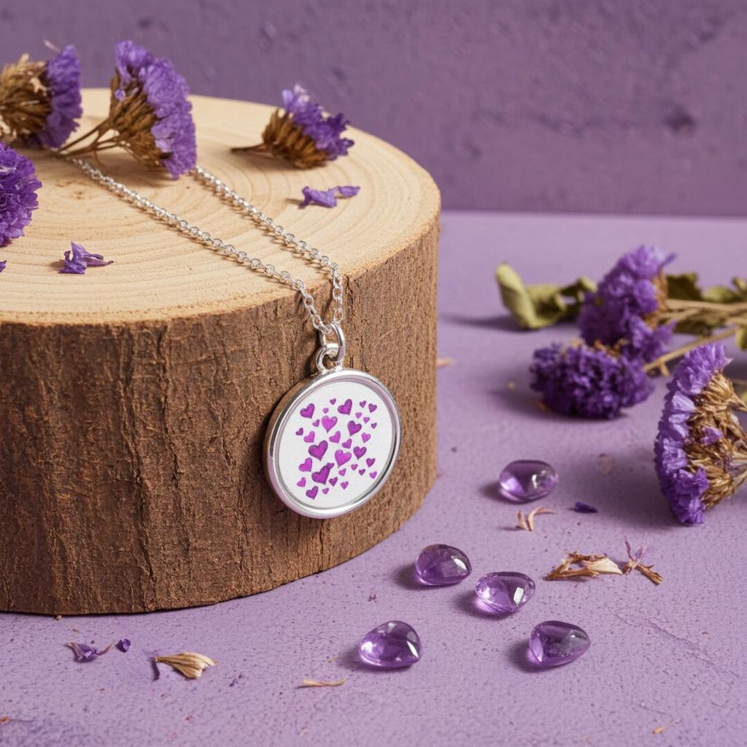 Amethyst Dancing Hearts Necklace: Circle Pendant Necklace in Silver ...