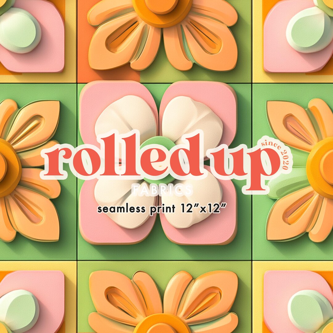 Retro 3d Flower 70s Seamless Print - Green, Yellow Digital Paper Print ...