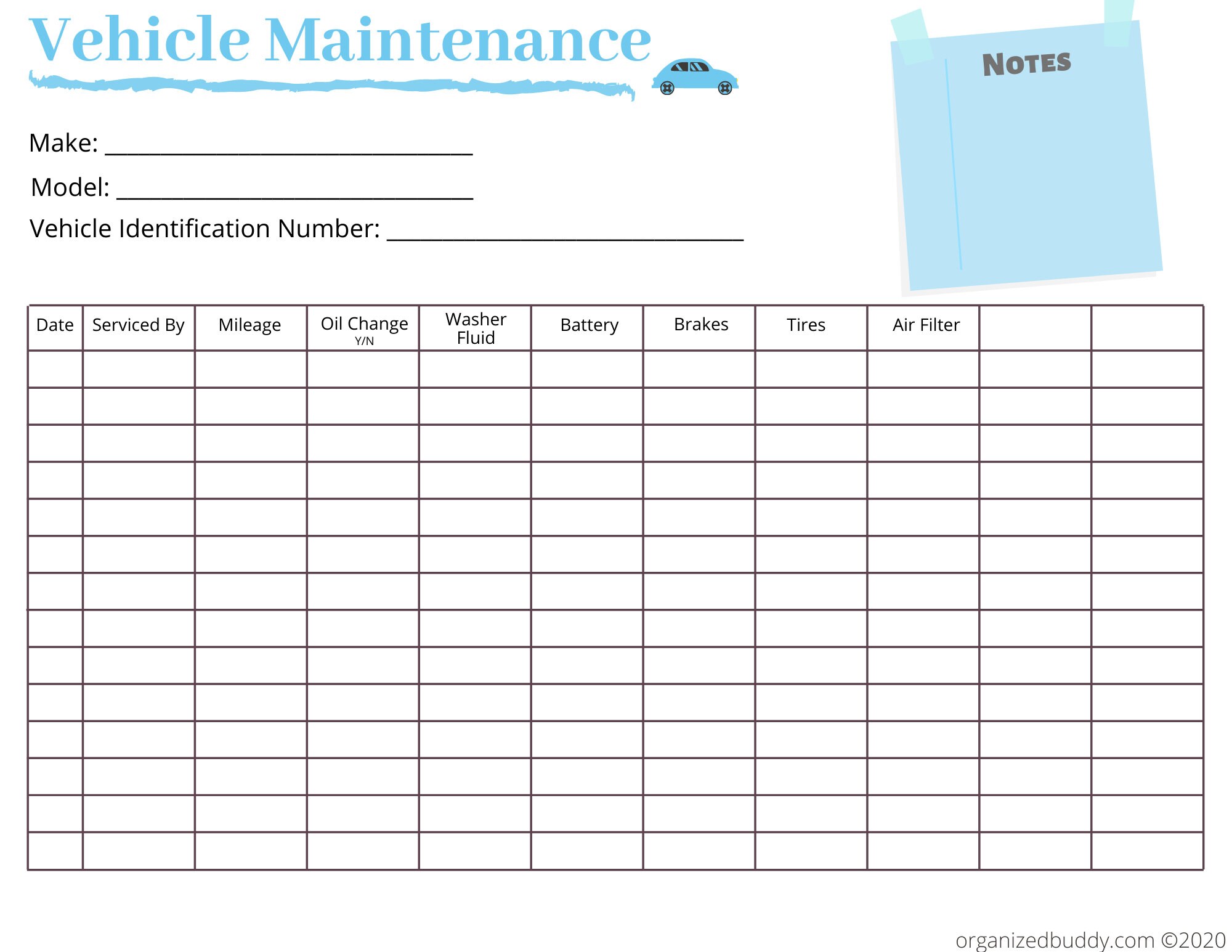 Vehicle Maintenance Log - Vehicle Service Tracker - Vehicle Repairs ...