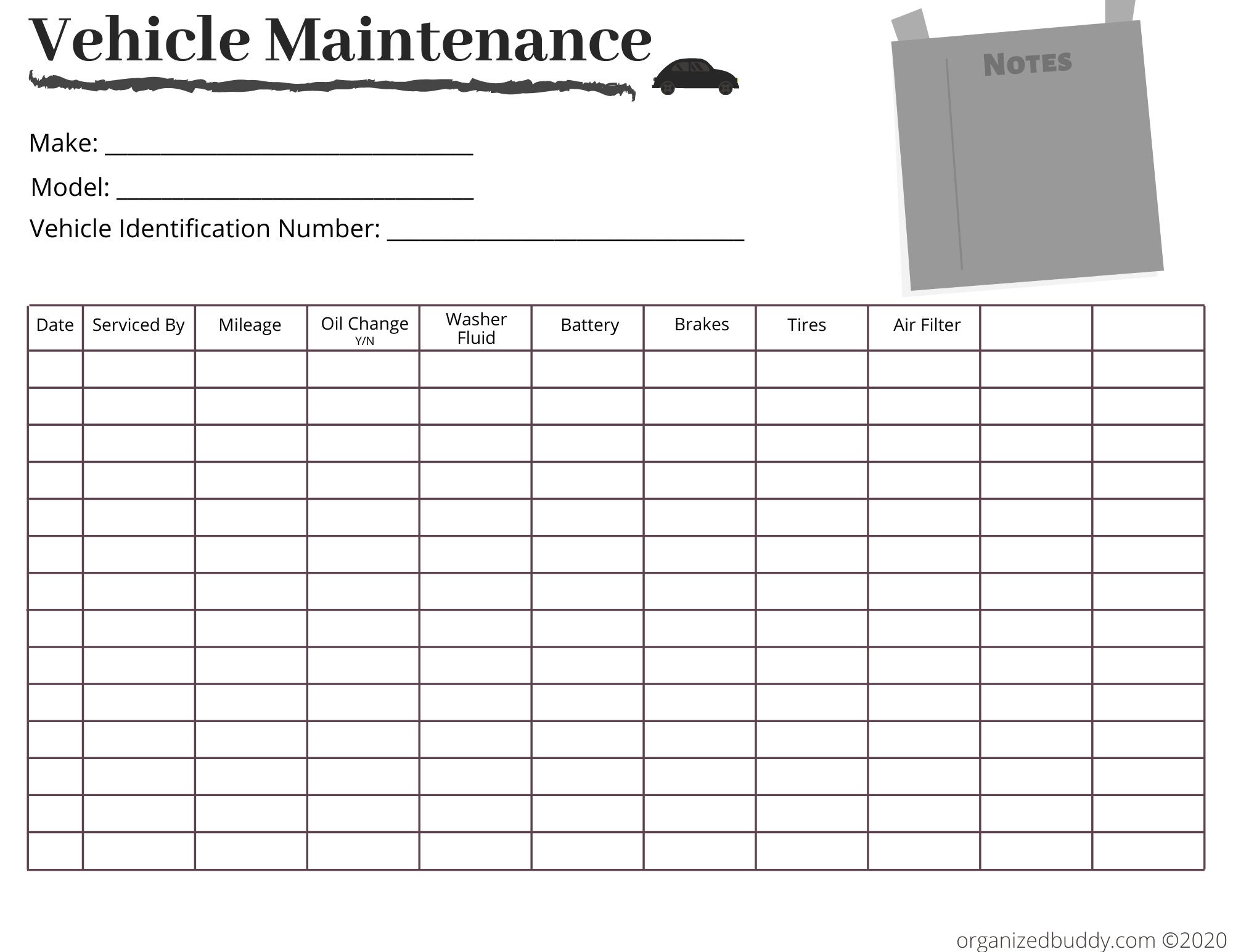 Vehicle Maintenance Log - Vehicle Service Tracker - Vehicle Repairs ...