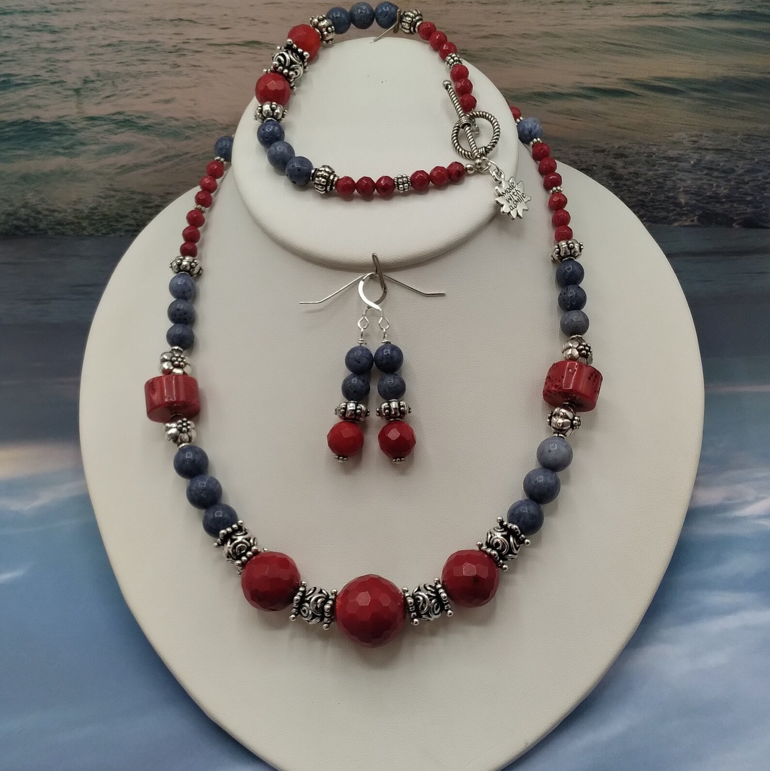 Solid Sterling Red and Blue Coral Jewelry Set: Beaded Necklace ...