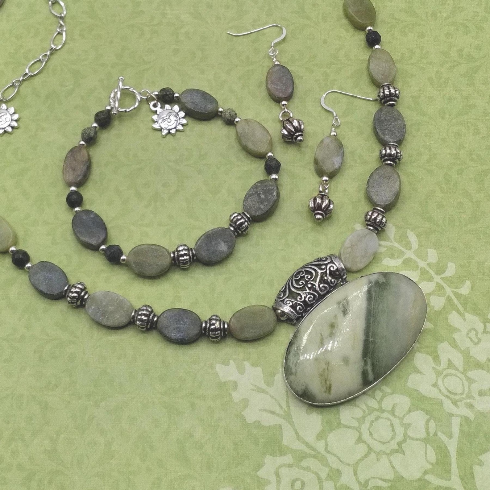 Solid Sterling Silver, Lime Olive Serpentine Coordinating Gem Jewelry ...