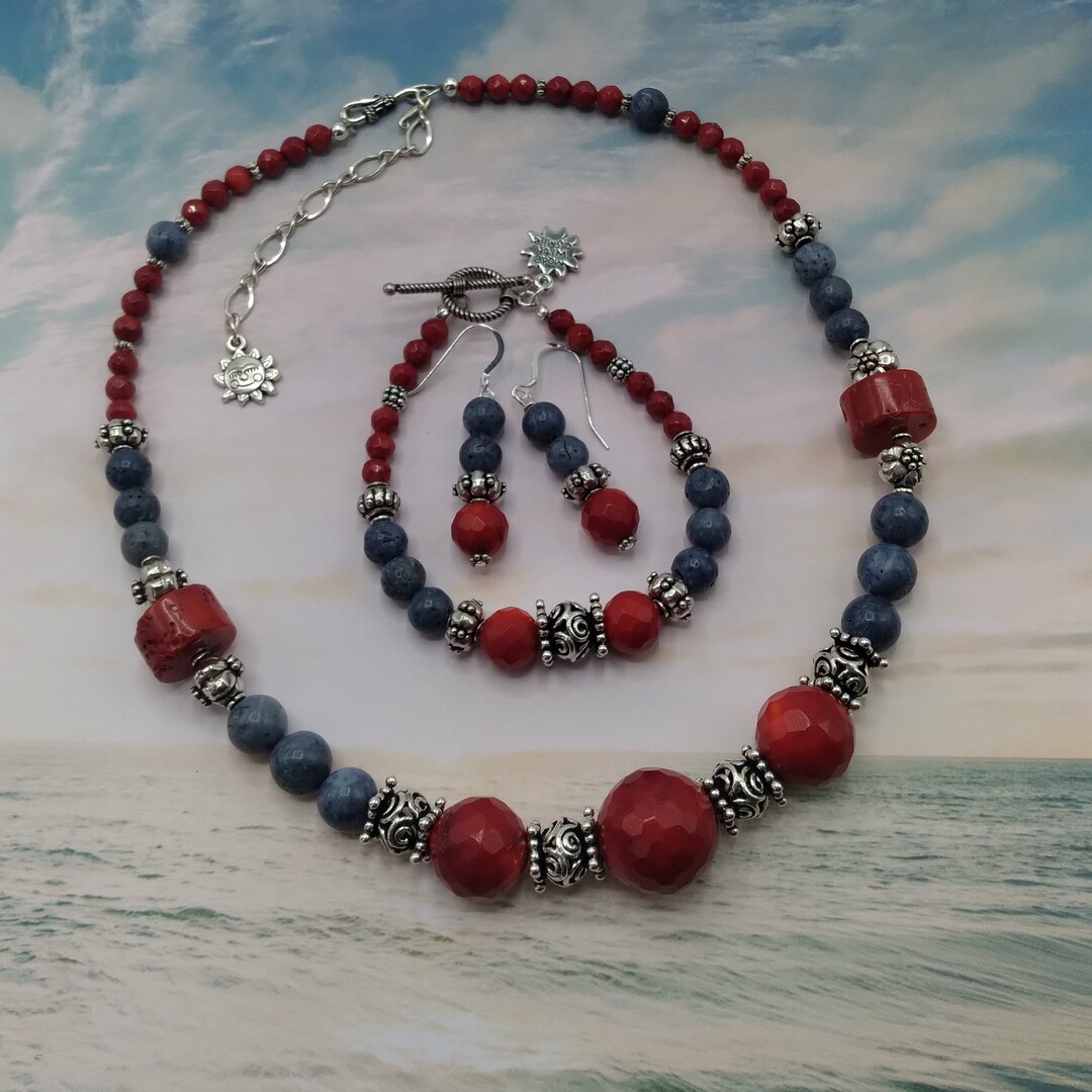 Solid Sterling Red and Blue Coral Jewelry Set: Beaded Necklace ...
