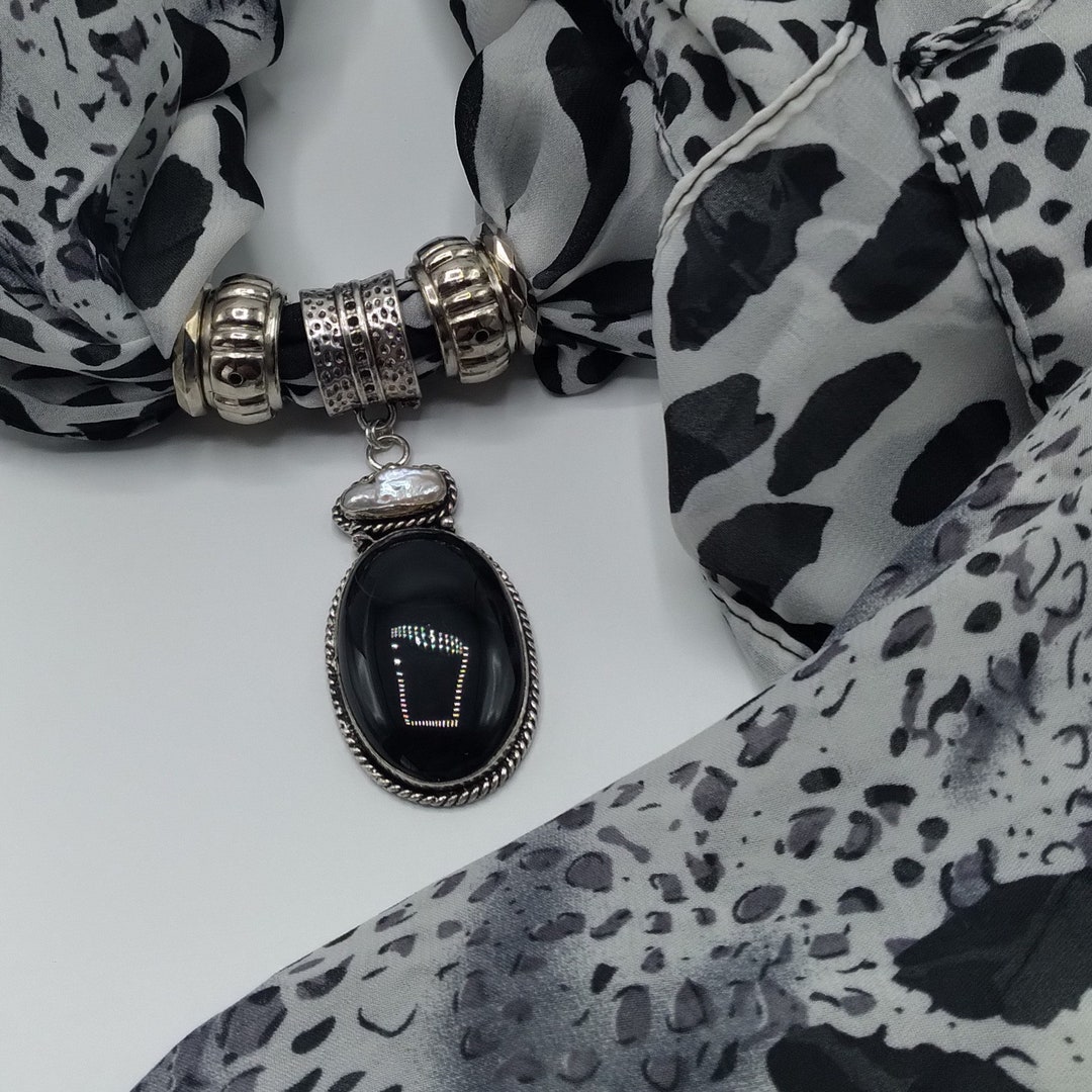 Onyx and Pearl Genuine Gem Scarf Slide Pendant Necklace, 6 Piece Set ...
