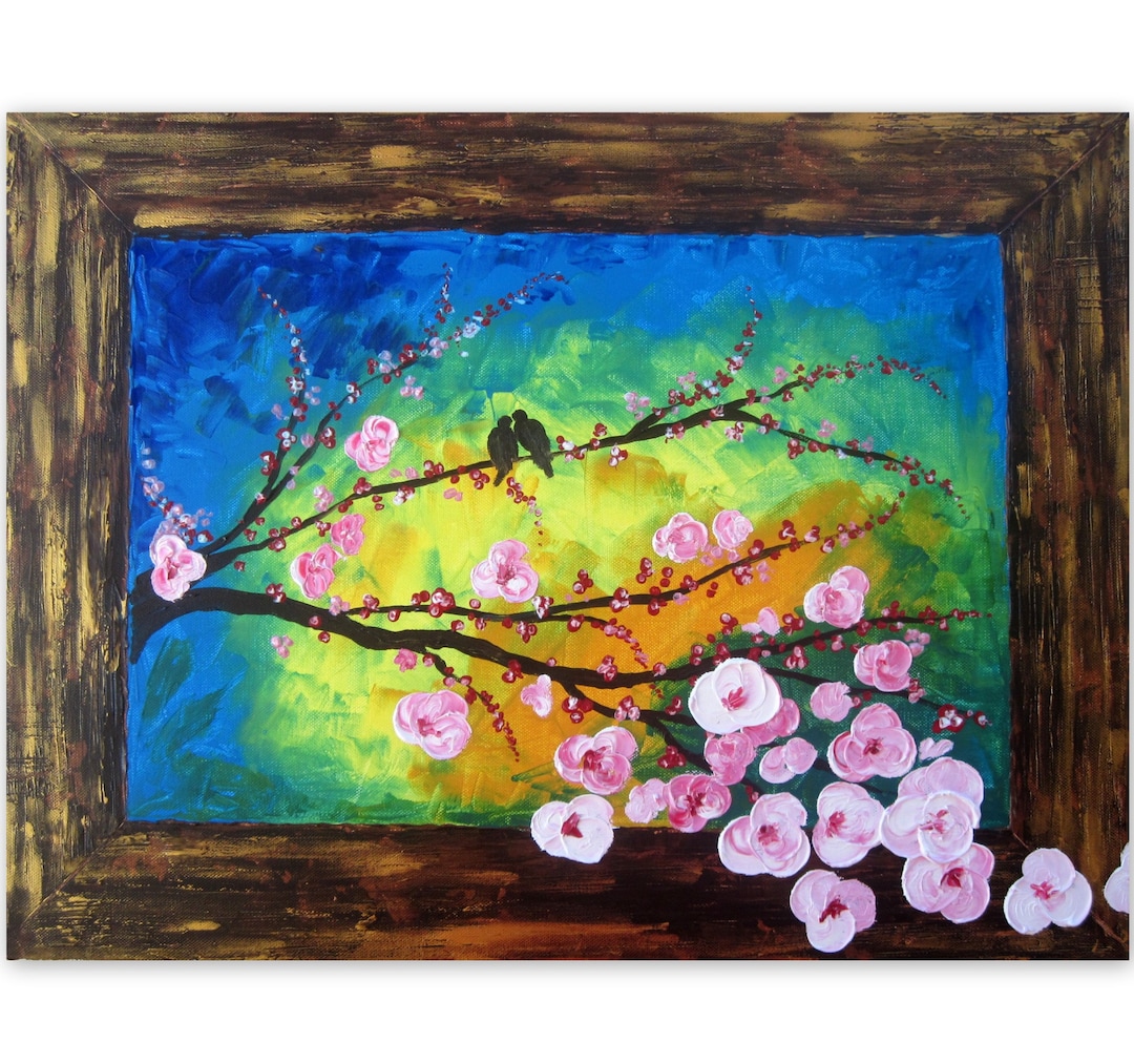 Painting Love Birds Cherry Blossom Tree Landscape Canvas Wall Art ...