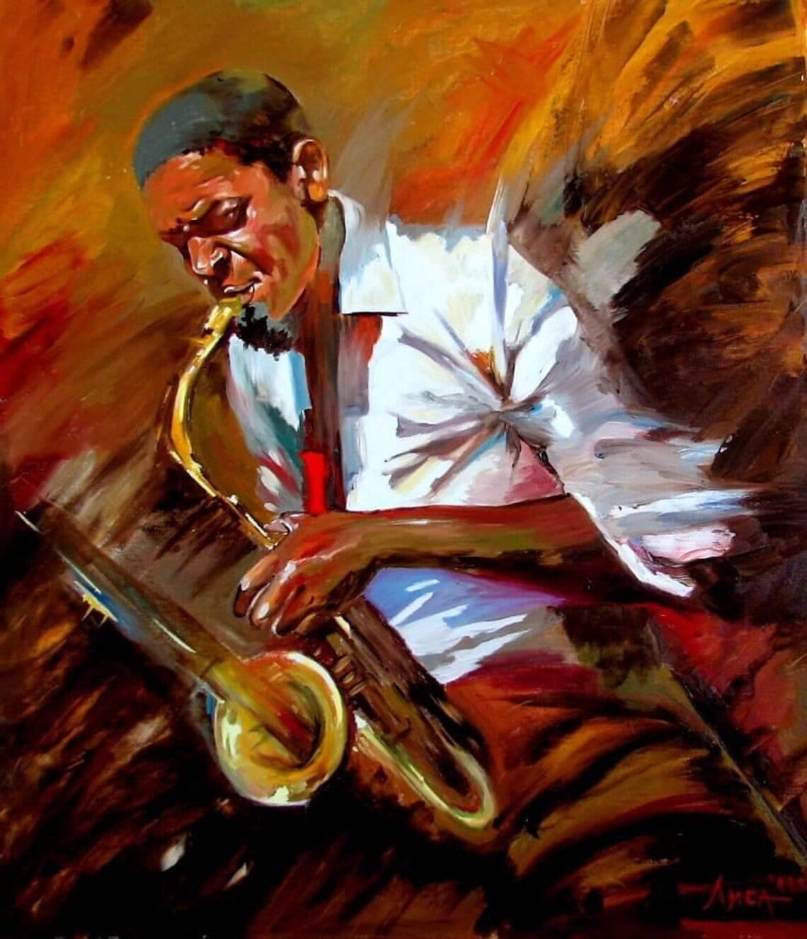 Painting Oil Canvas Original Colorful Textured Music Players Jazz Wall ...