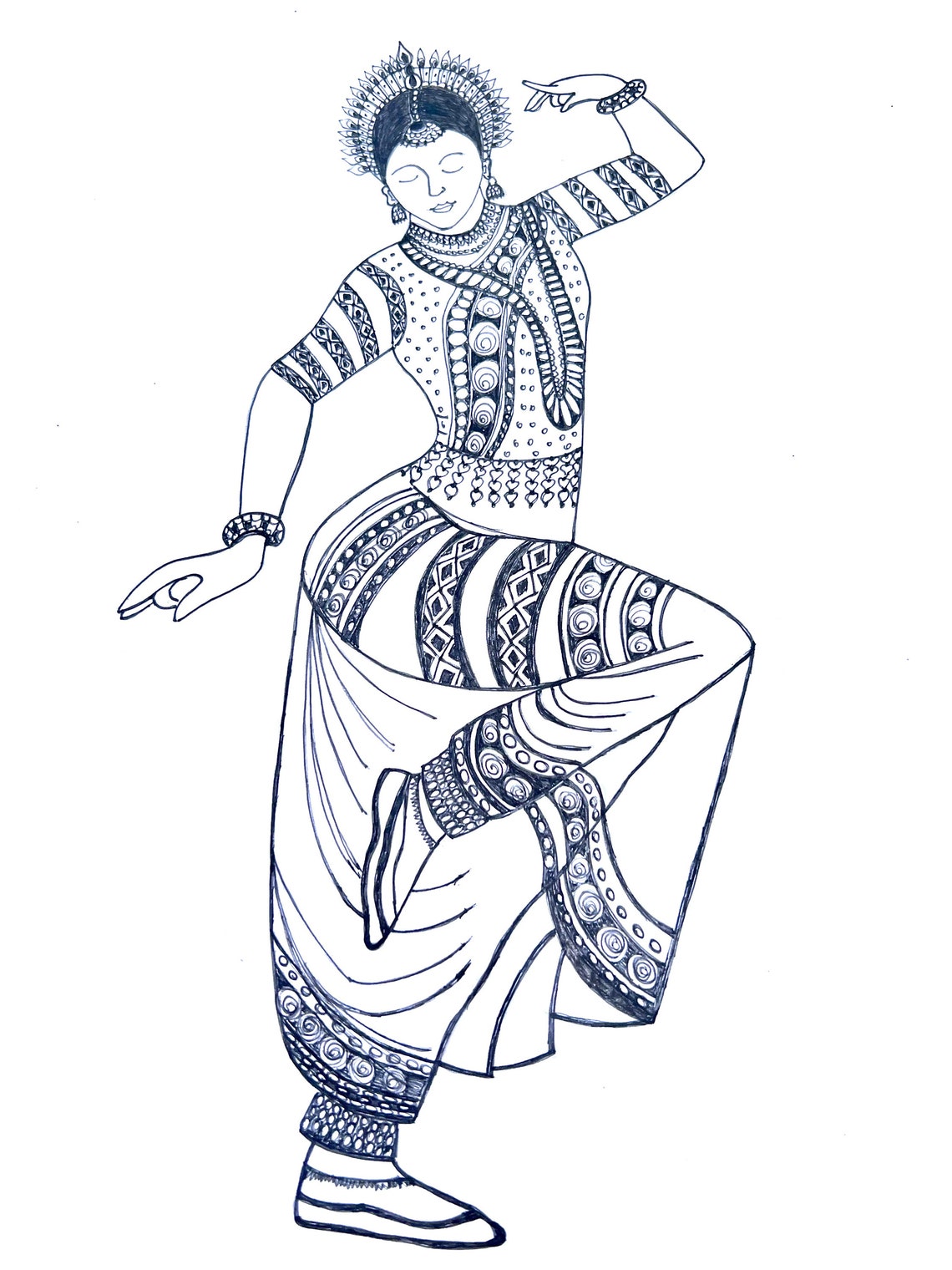 Dynamic Indian Dancer Painting on Paper - Hand-painted Blue Ink Art of ...