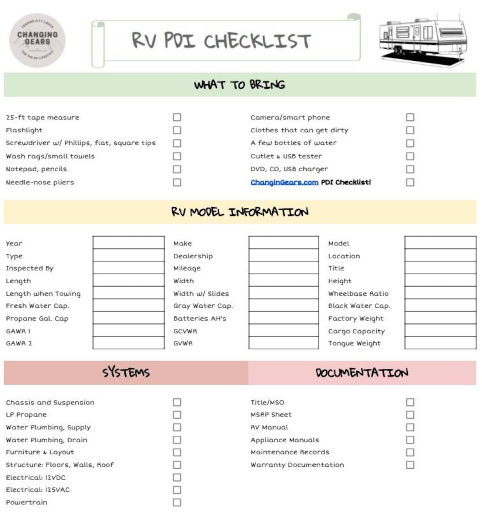 RV PDI Inspection Checklist - Etsy