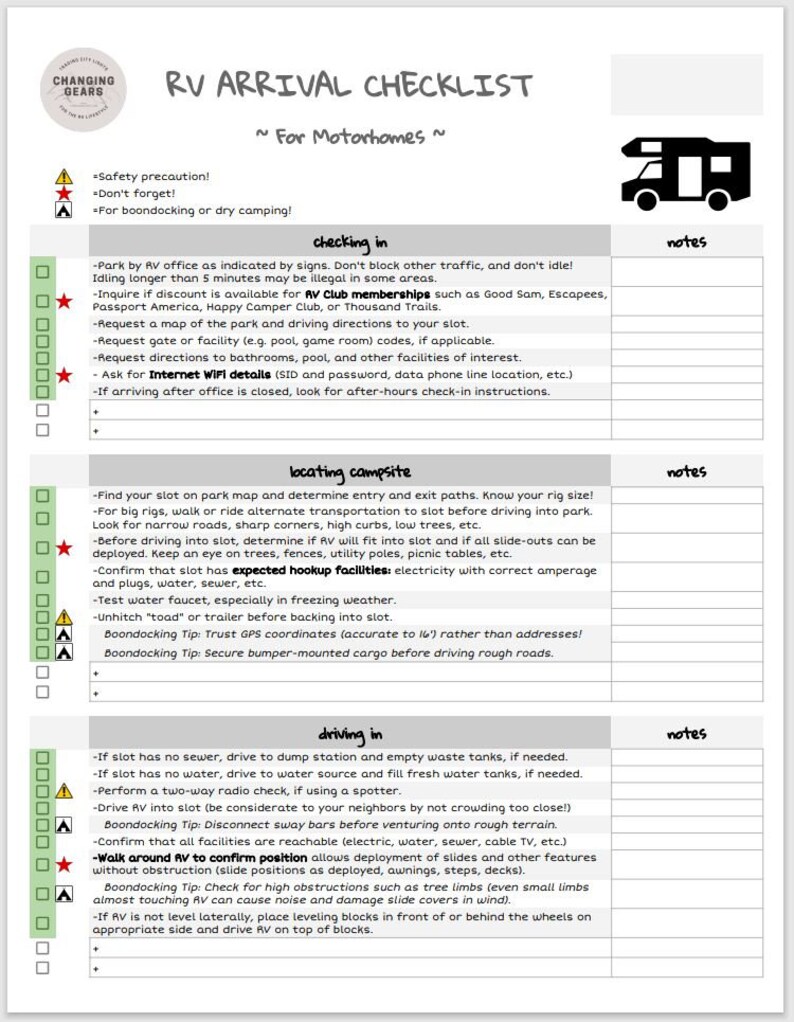 RV Setup and Arrival Checklist for Motorhomes - Etsy