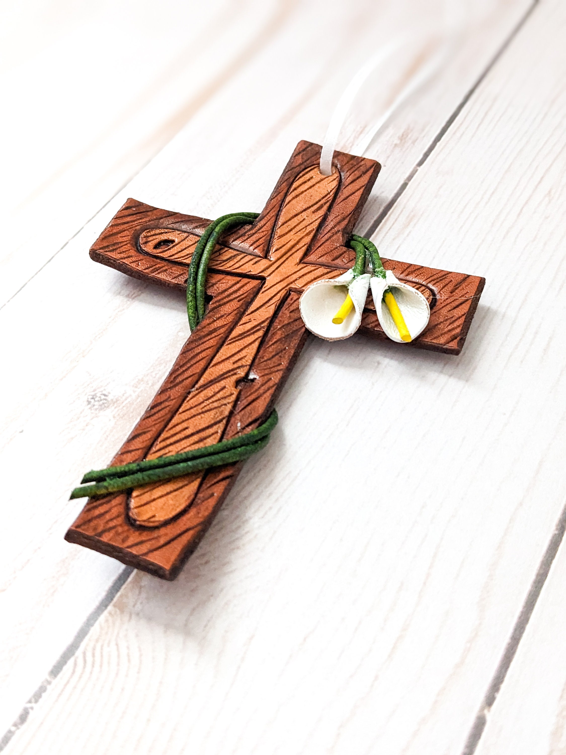 Leather Lilly Wrapped Cross | Hand Tooled Ornament for Easter - Etsy