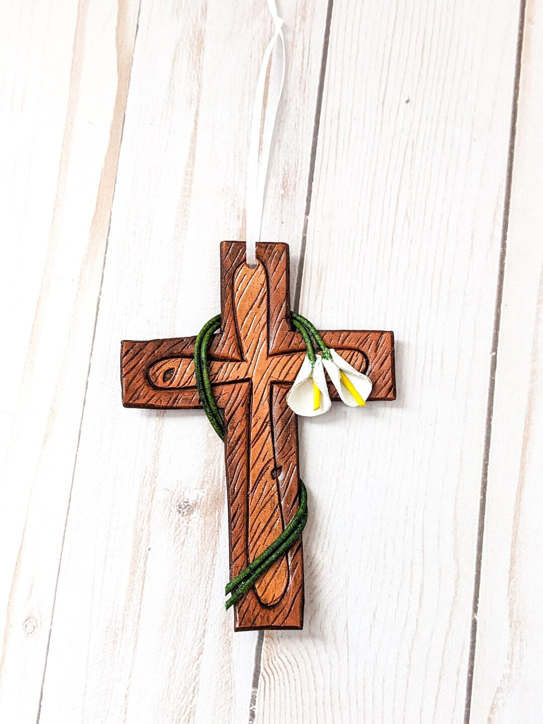 Leather Lilly Wrapped Cross | Hand Tooled Ornament for Easter - Etsy