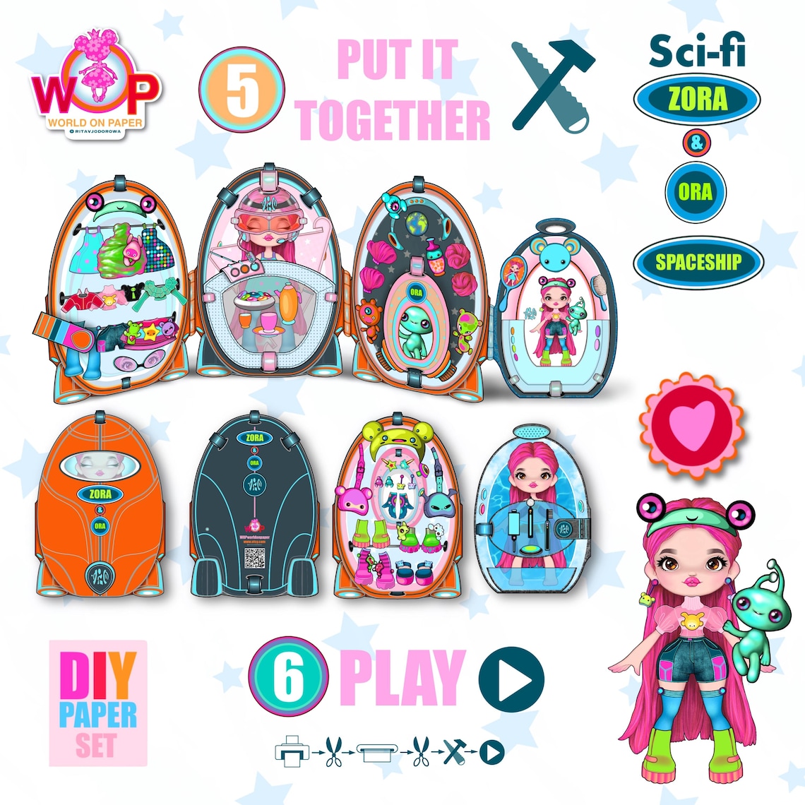 Printable DIY Paper TOY. Sci-fi Zora & Ora Spaceship. Dress up Paper ...