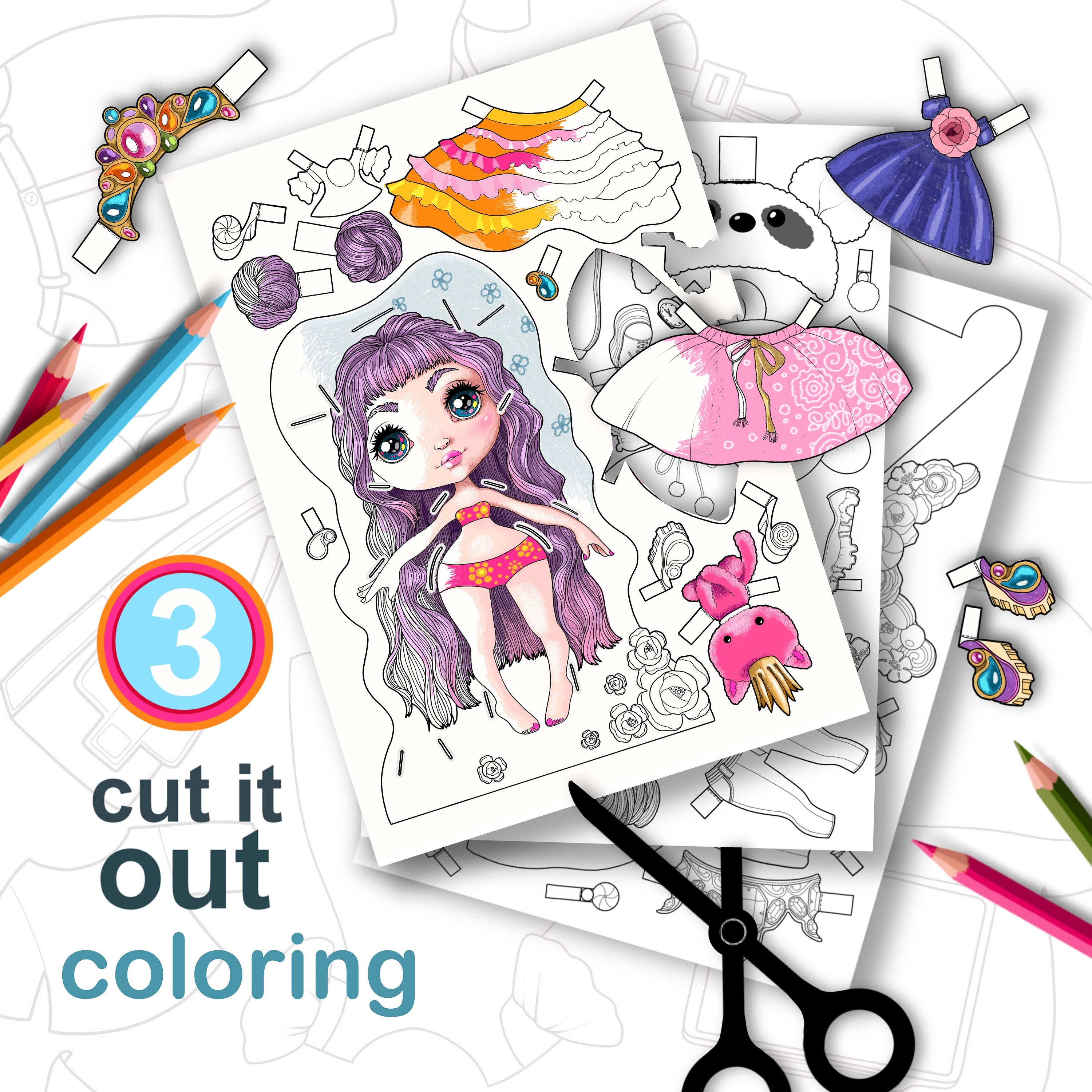 3x A4 Printable DIY Coloring Dress up Doll - Etsy