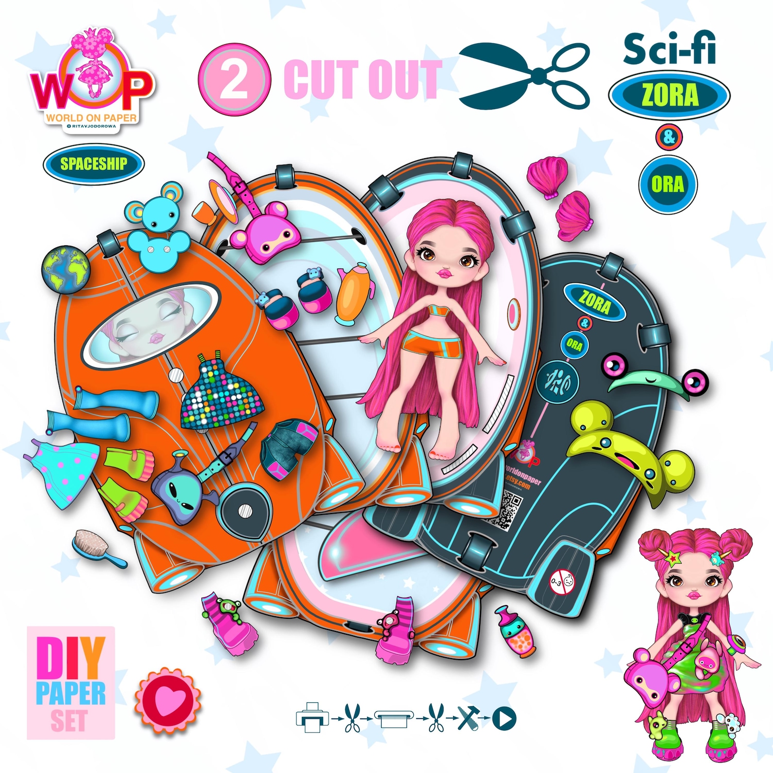 Printable DIY Paper TOY. Sci-fi Zora & Ora Spaceship. Dress up Paper ...