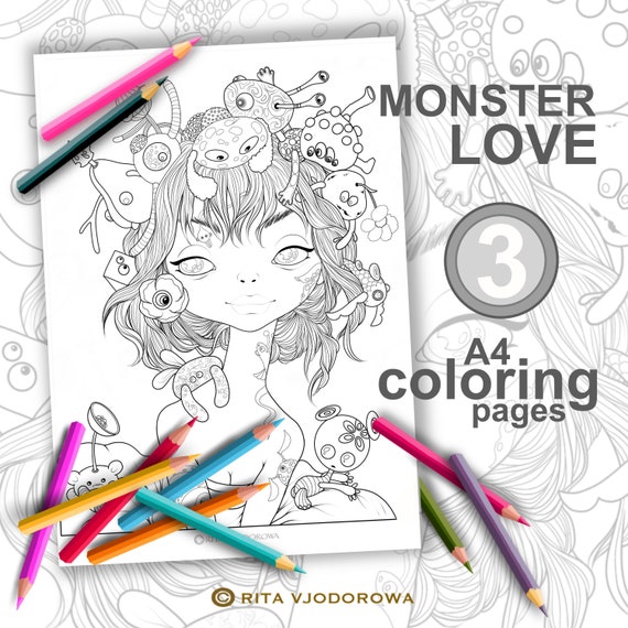 3x A4 Printable Coloring Pages. Monster Love. Bionic. - Etsy
