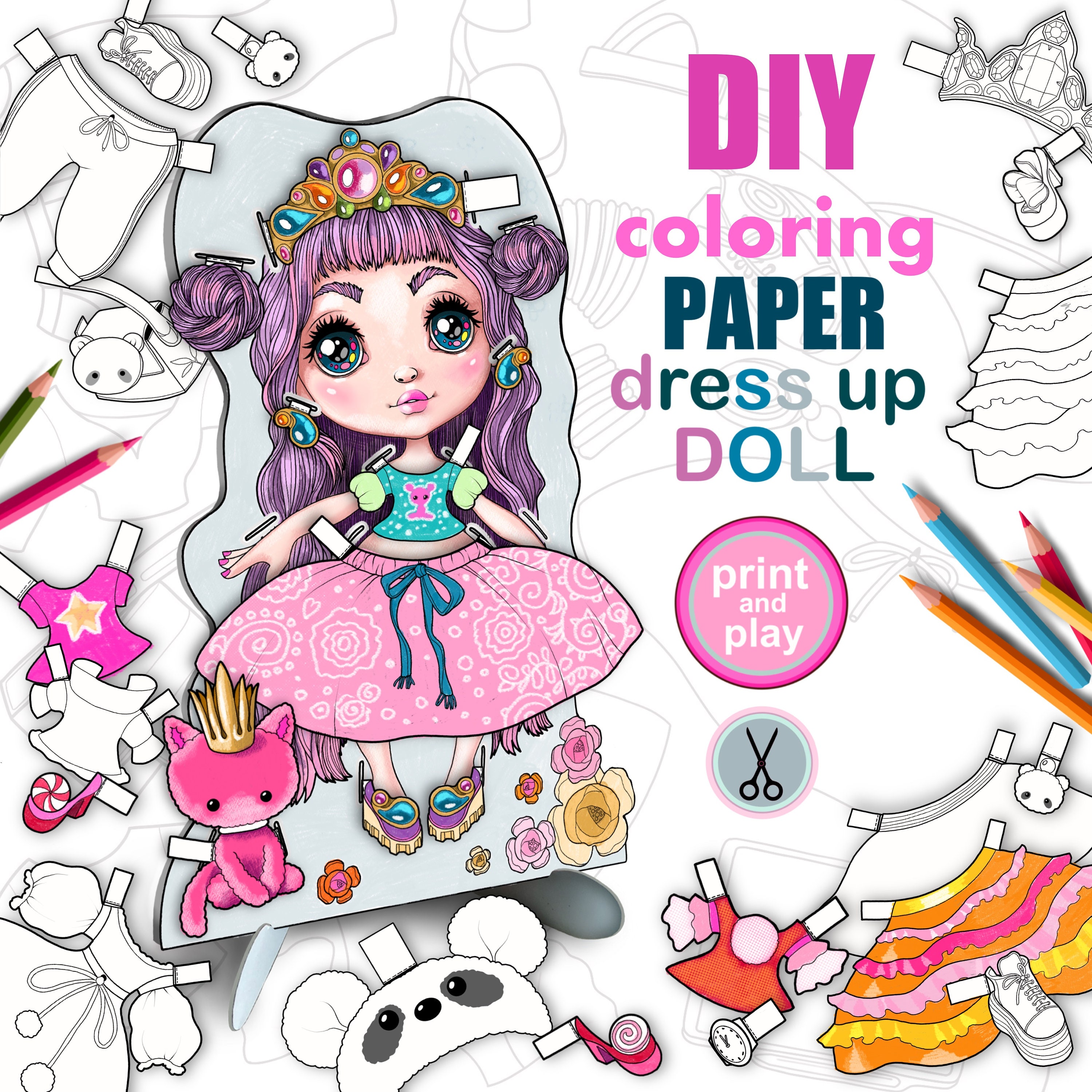 3x A4 Printable DIY Coloring Dress up Doll - Etsy