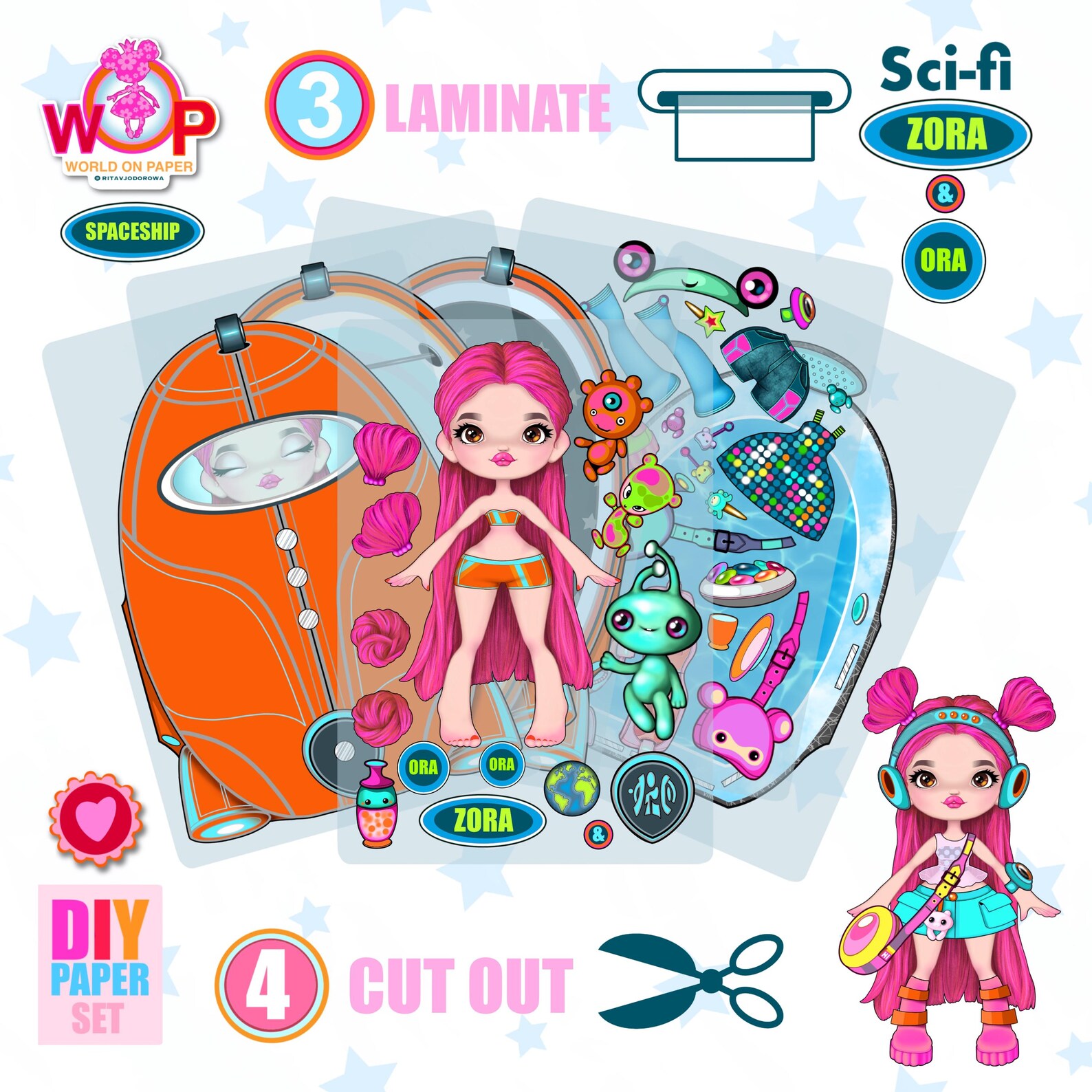 Printable DIY Paper TOY. Sci-fi Zora & Ora Spaceship. Dress up Paper ...