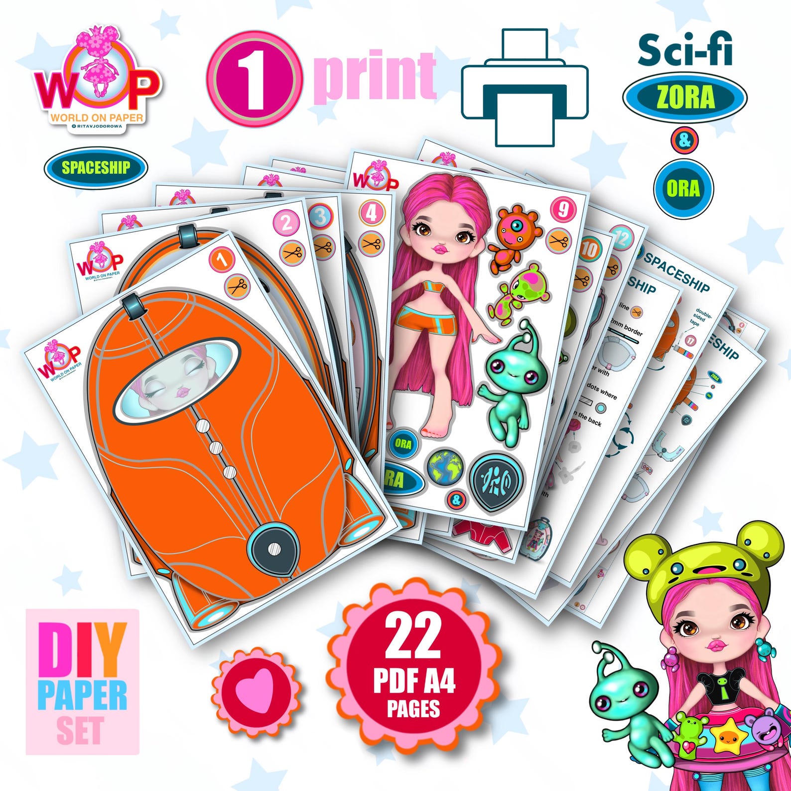 Printable DIY Paper TOY. Sci-fi Zora & Ora Spaceship. Dress up Paper ...