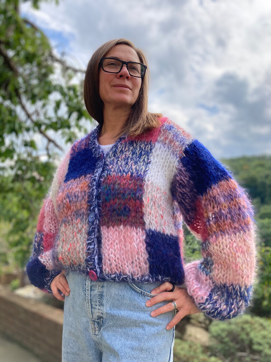 Hand Knitted Mohair Cardigan Patchwork With Balloon Sleeves, Colourful ...