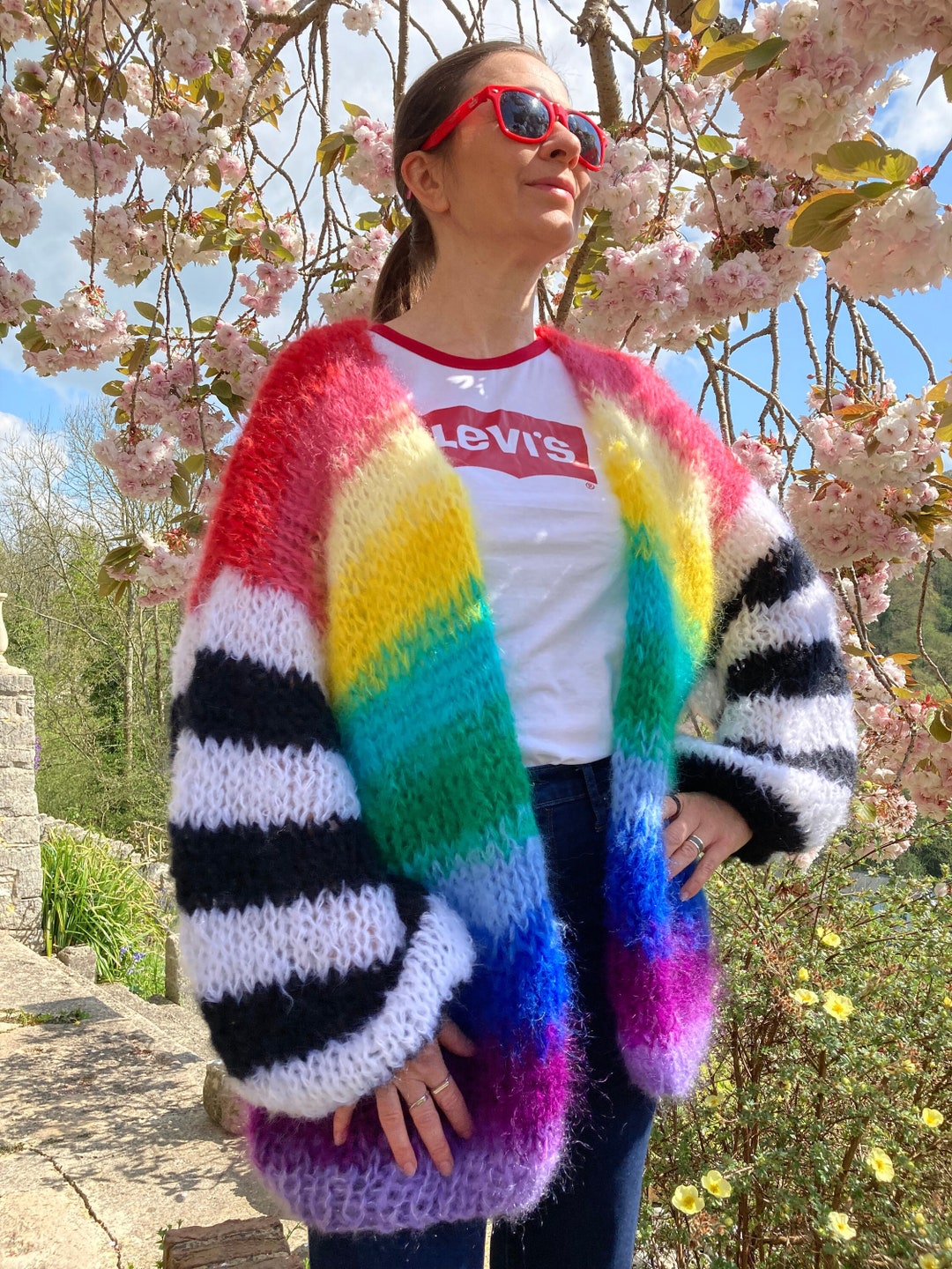 Hand Knitted Rainbow Mohair Cardigan With Balloon Striped Black and ...