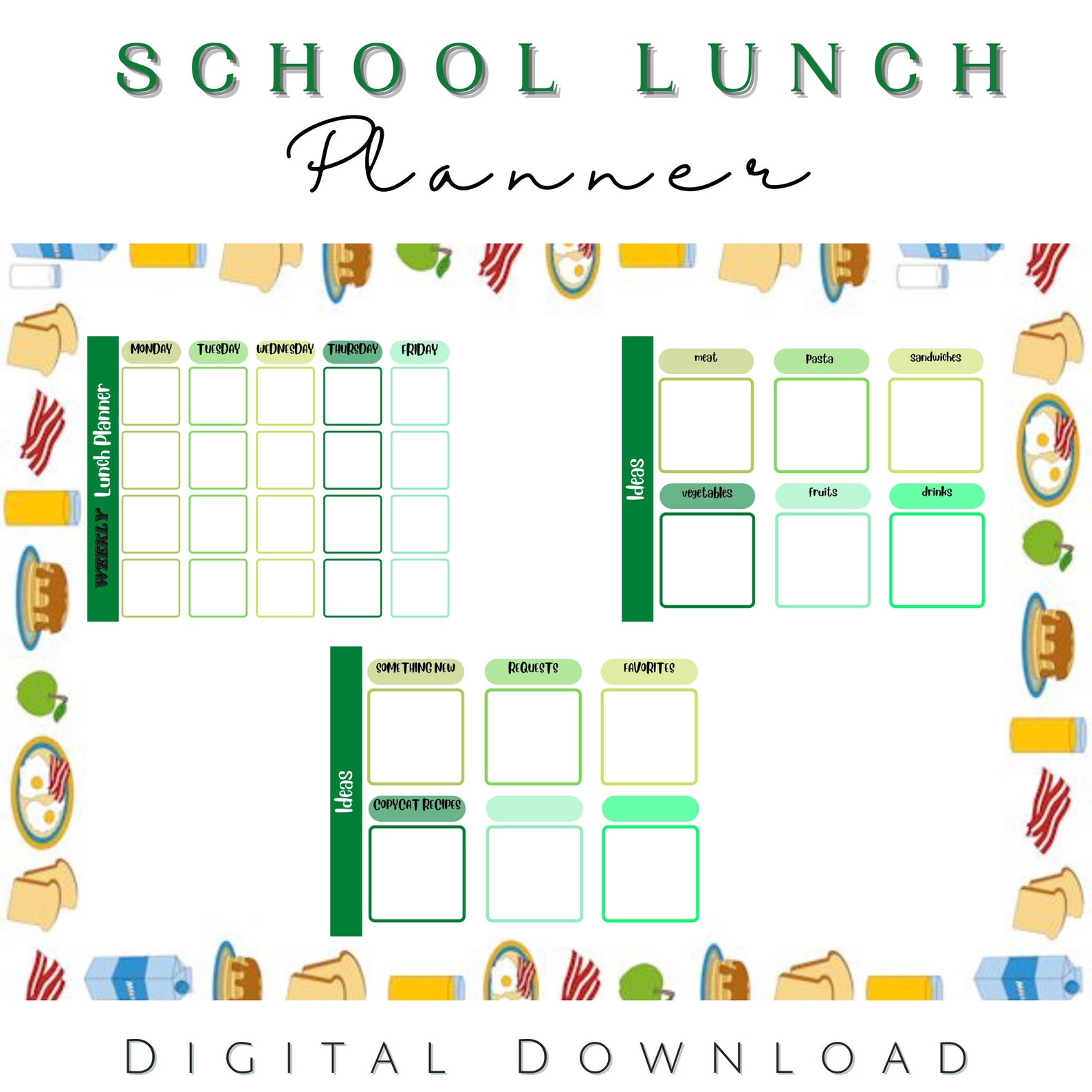School Lunch Box Planner Printable | Weekly and Monthly | Lunch Menu ...