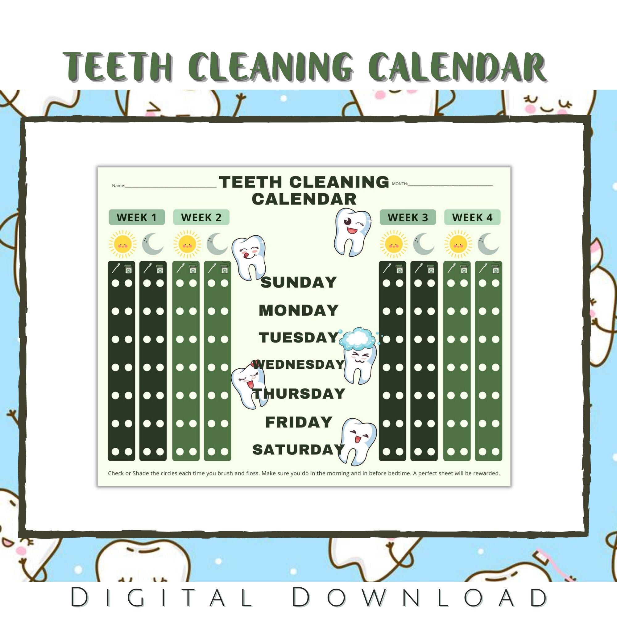 Teeth Cleaning Calendar Printable | Tooth Brushing Chart - Kids ...