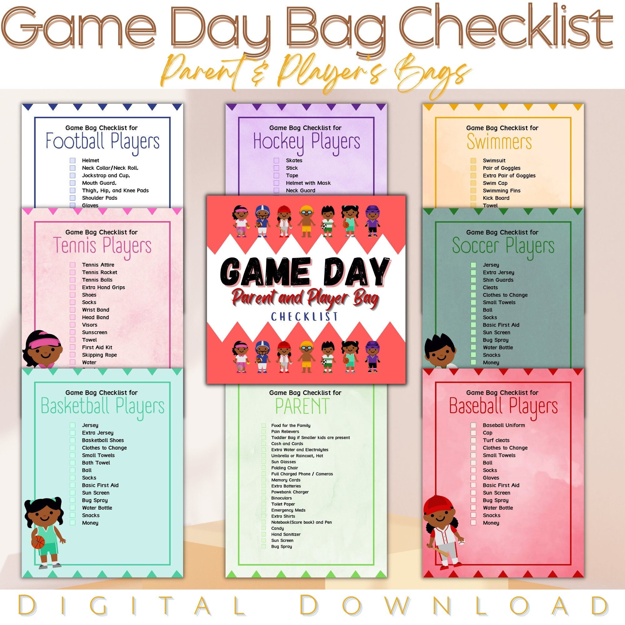 School Sports Bag Checklists/ Parent and Child Bag Printable | Game Day ...