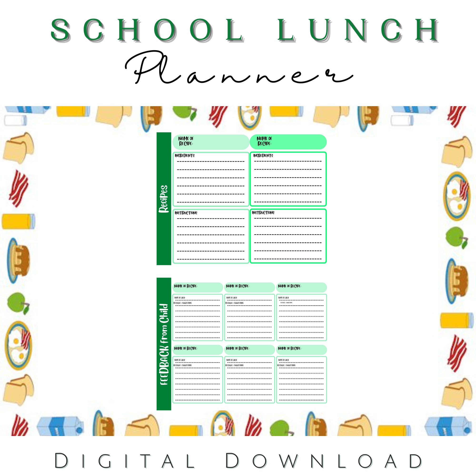 School Lunch Box Planner Printable | Weekly and Monthly | Lunch Menu ...