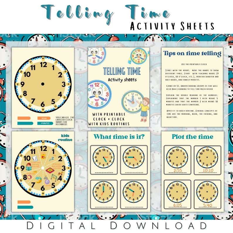 Telling Time Activity Sheets + Printable Clock + Clock Kids Routine ...