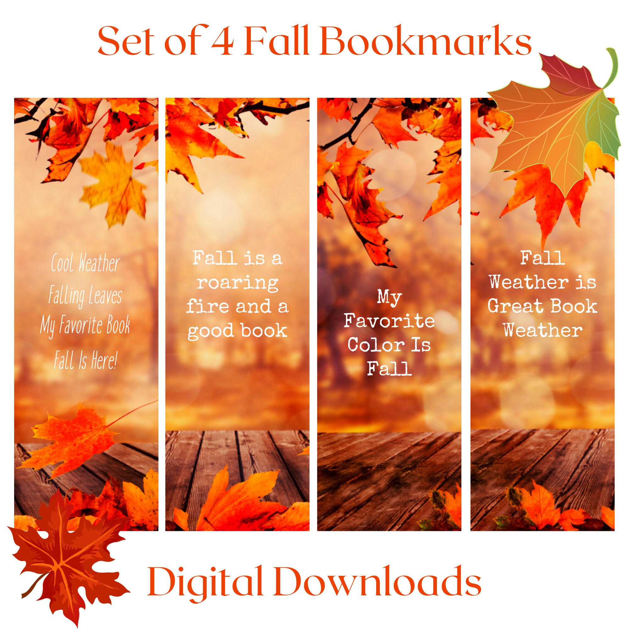 Set of Four/ Fall Printable Bookmarks/autumn Leaves/fall Lover ...