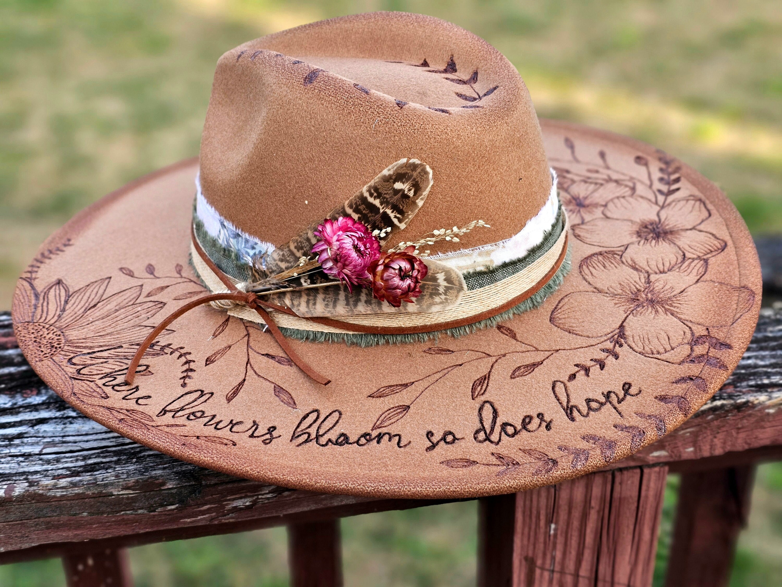 Hope Custom Hand Burned Western Stiff Brim, Women's, Fedora Style Hat ...