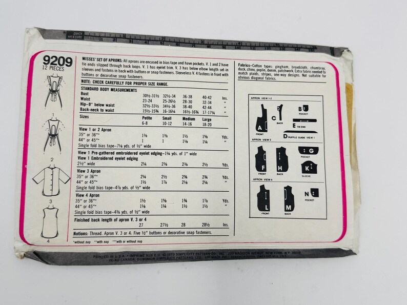 Simplicity 9209 Vintage Sewing Pattern Misses' Aprons and Smock Size ...
