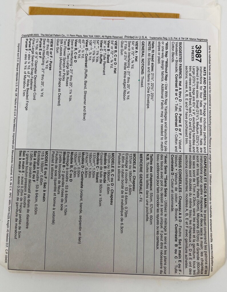 Mccall's 3987 Sewing Pattern Misses' Hats and Purses Red Hat Society ...