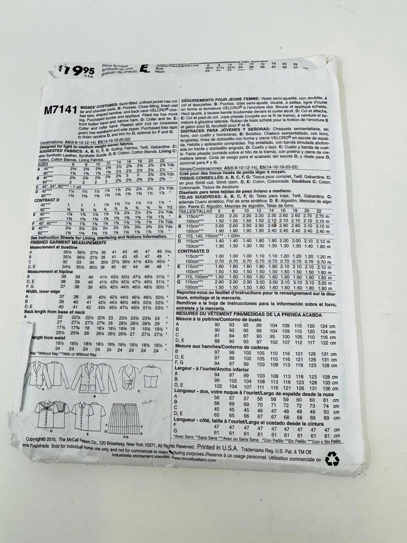 Mccalls 7141 Sewing Pattern Misses' School Girl Costume Cosplay Size 6 ...