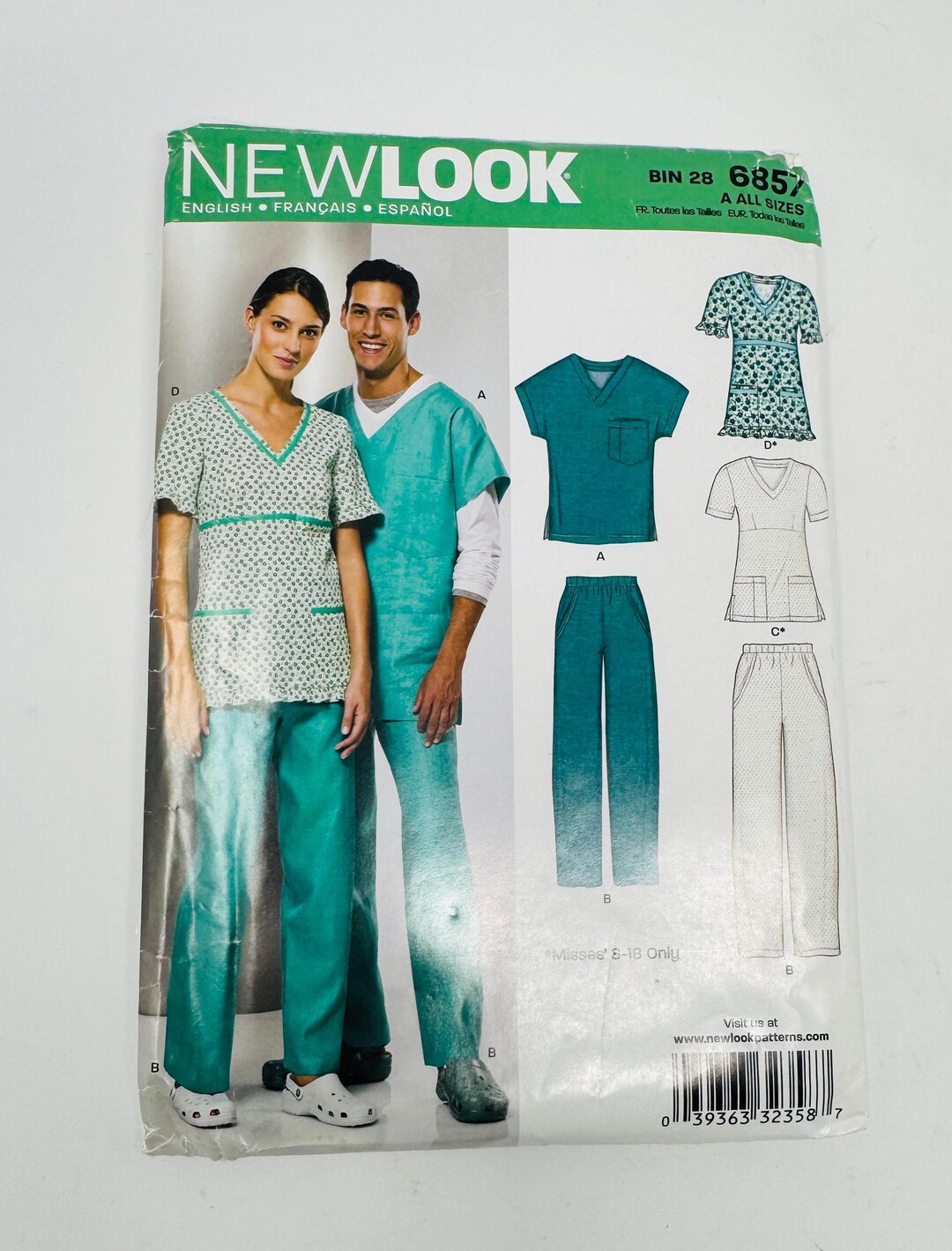 New Look 6857 Unisex Sewing Pattern Scrubs Pants and Top Sz. XS, S, M ...