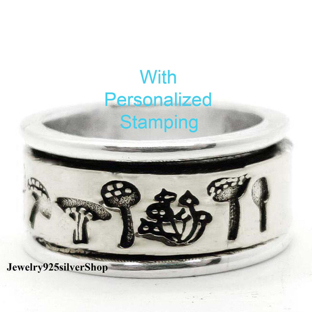 Personalized Silver Ring, 925 Sterling Silver, Mushroom Ring, Spinner ...