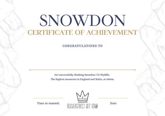 Snowdon Certificate A4 PDF Ready to Print I Climbed - Etsy UK